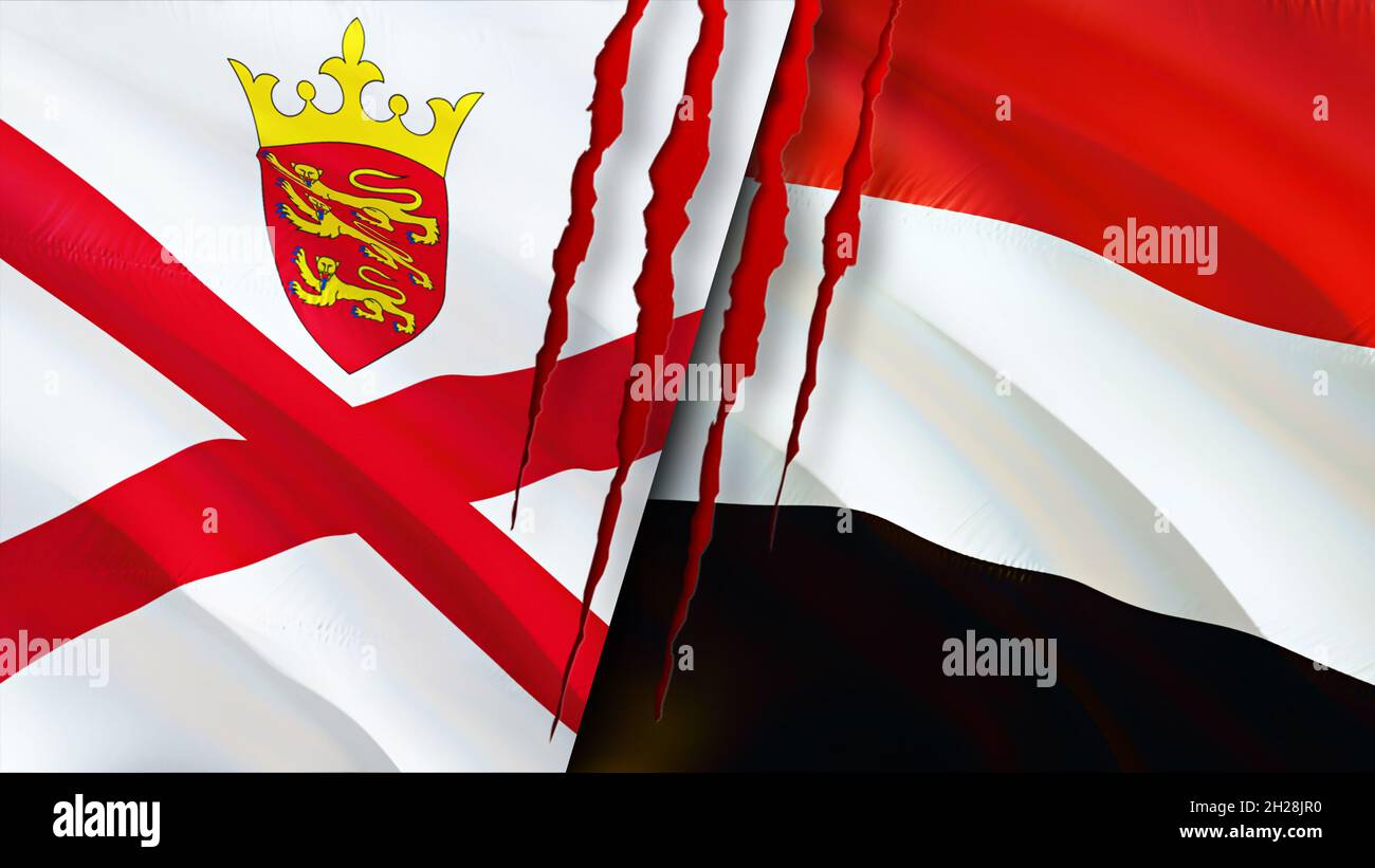 Jersey and Yemen flags with scar concept. Waving flag,3D rendering ...