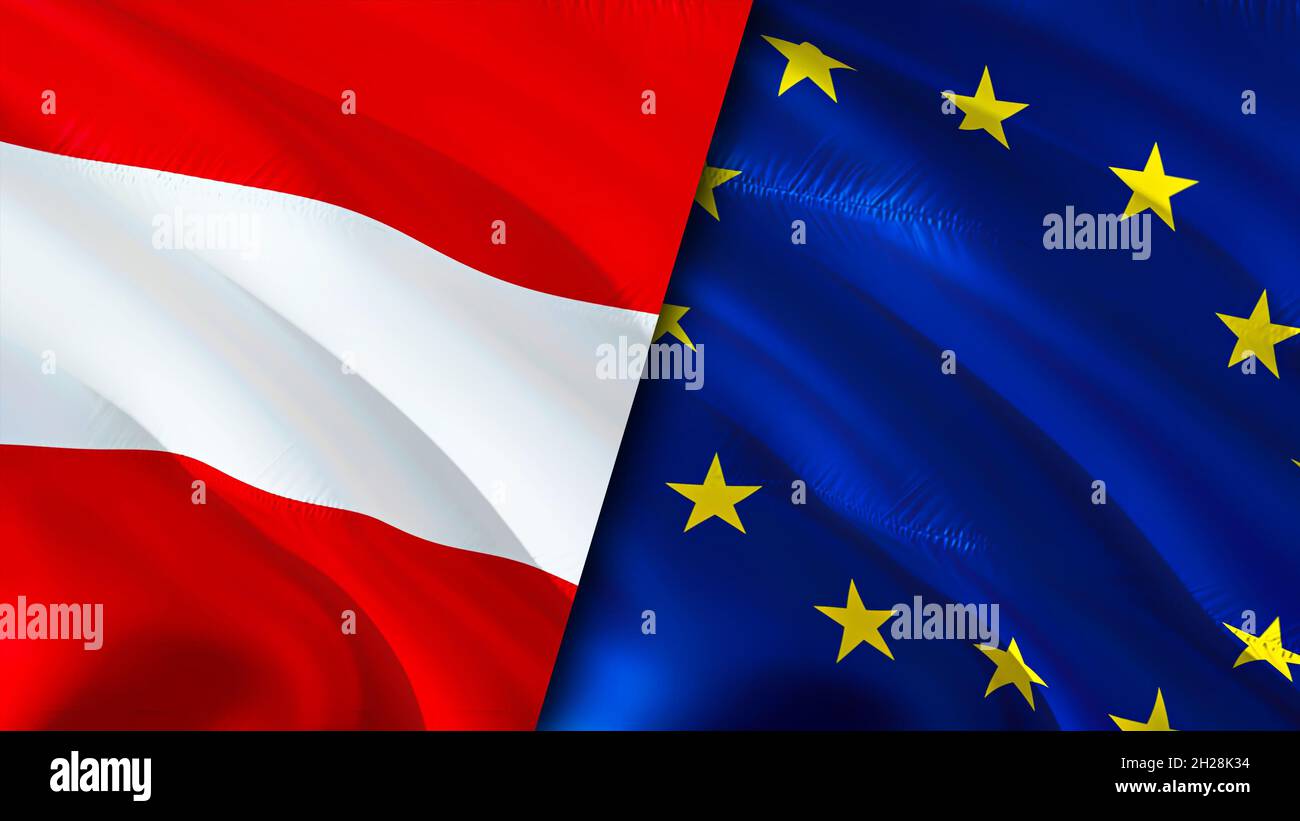 Austria and European Union flags. 3D Waving flag design. Austria ...