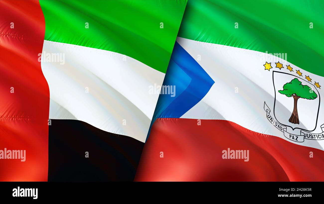 Emirates and Equatorial Guinea flags. 3D Waving flag design. Equatorial ...