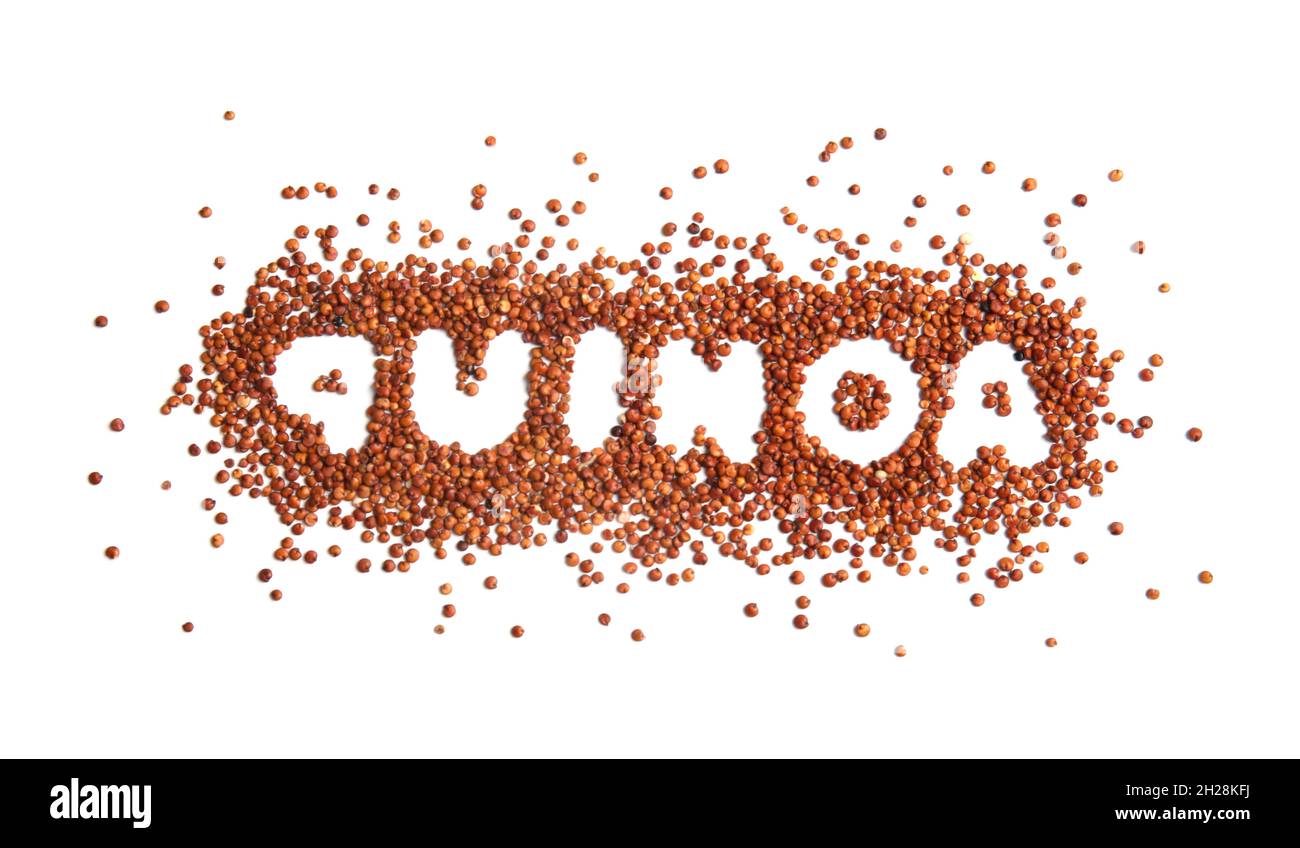 Word QUINOA written with red seeds on white background, top view Stock ...