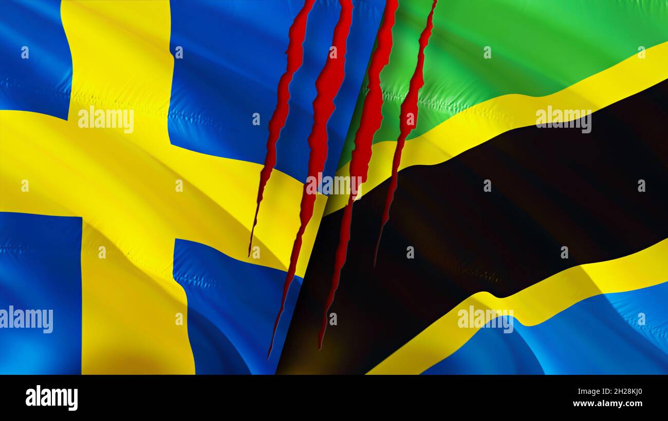 Sweden and Tanzania flags with scar concept. Waving flag,3D rendering ...