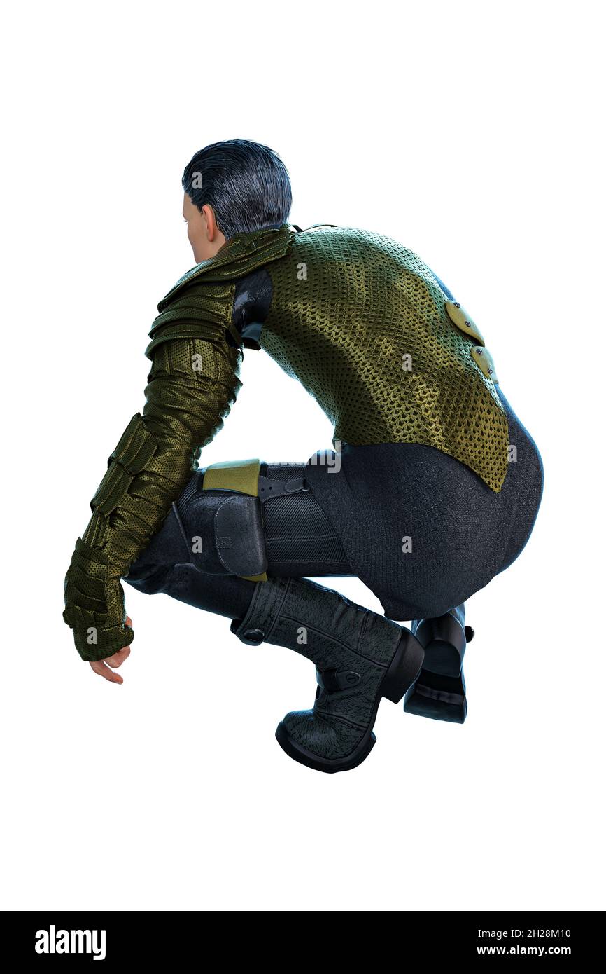Scifi Military Man Crouching Down, 3D Illustration, 3D rendering Stock ...