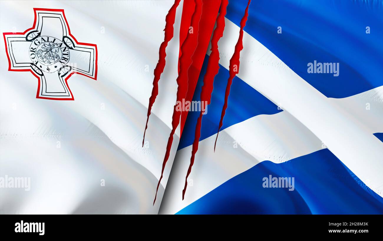 Malta and Scotland flags with scar concept. Waving flag,3D rendering ...