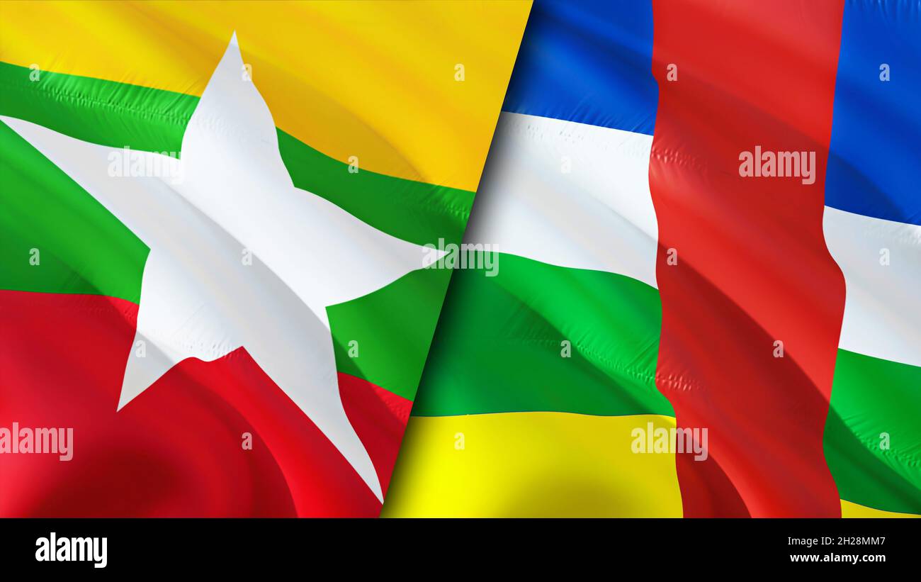 Myanmar and Central African Republic flags. 3D Waving flag design ...