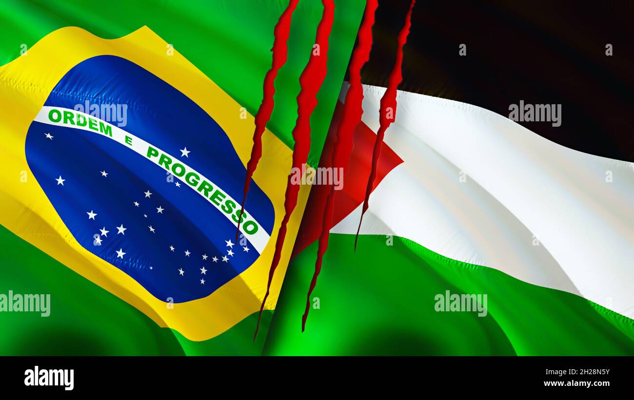 Brazil and Palestine flags with scar concept. Waving flag 3D rendering ...