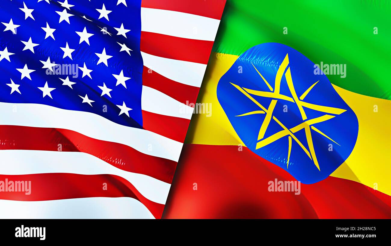 United States and Ethiopia flags. 3D Waving flag design. United States ...