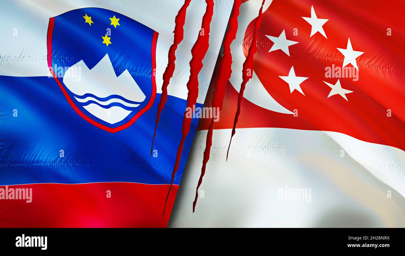 Slovenia and Singapore flags with scar concept. Waving flag,3D ...