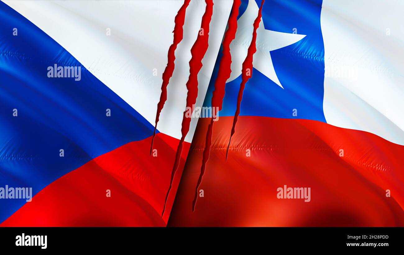 Czechia and Chile flags with scar concept. Waving flag,3D rendering. Chile and Czech conflict ...