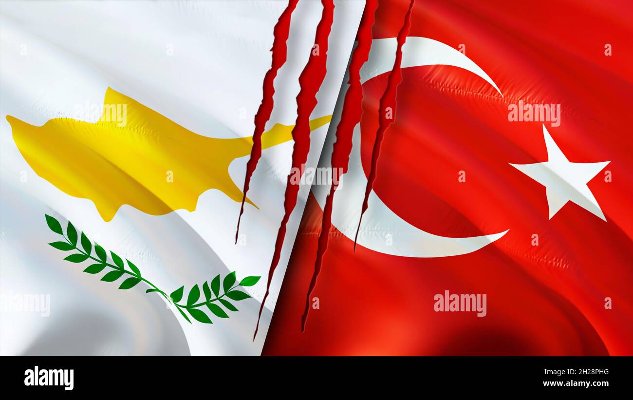 Cyprus and Turkey flags with scar concept. Waving flag,3D rendering ...