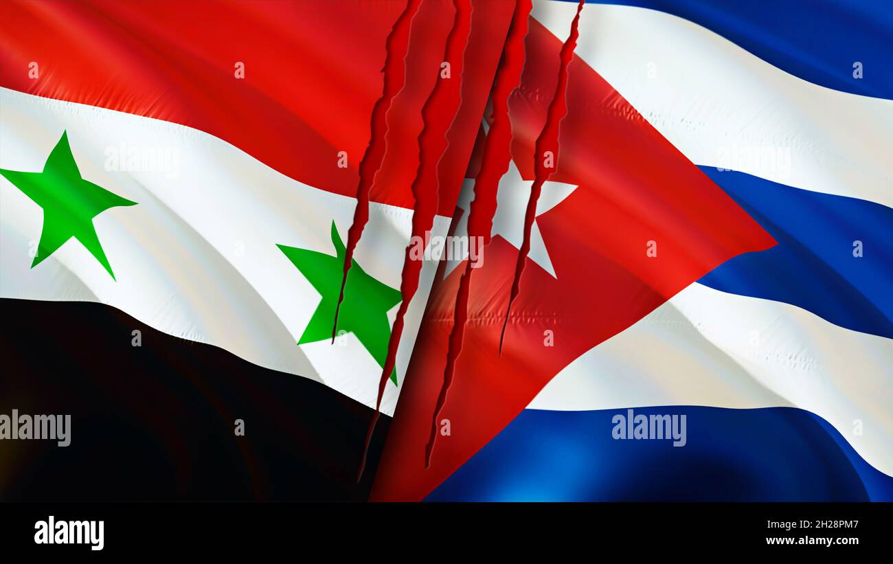 Syria and Cuba flags with scar concept. Waving flag,3D rendering. Cuba ...
