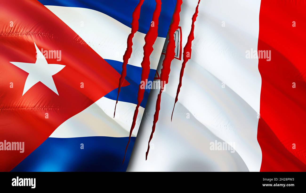 Cuba and Malta flags with scar concept. Waving flag 3D rendering. Cuba ...