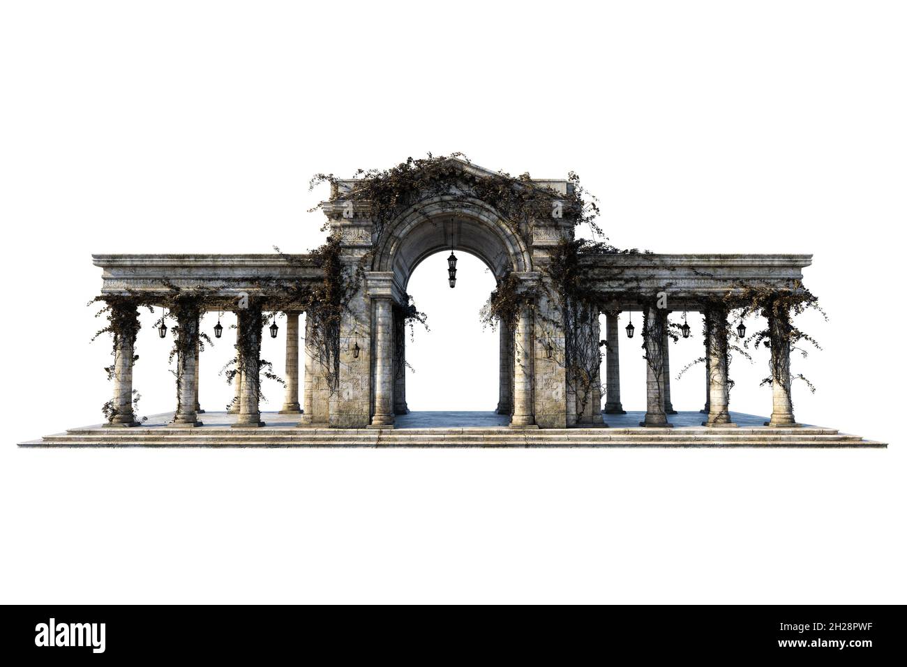 Fantasy Academy Stone Gate and Building, 3D illustration, 3D rendering ...