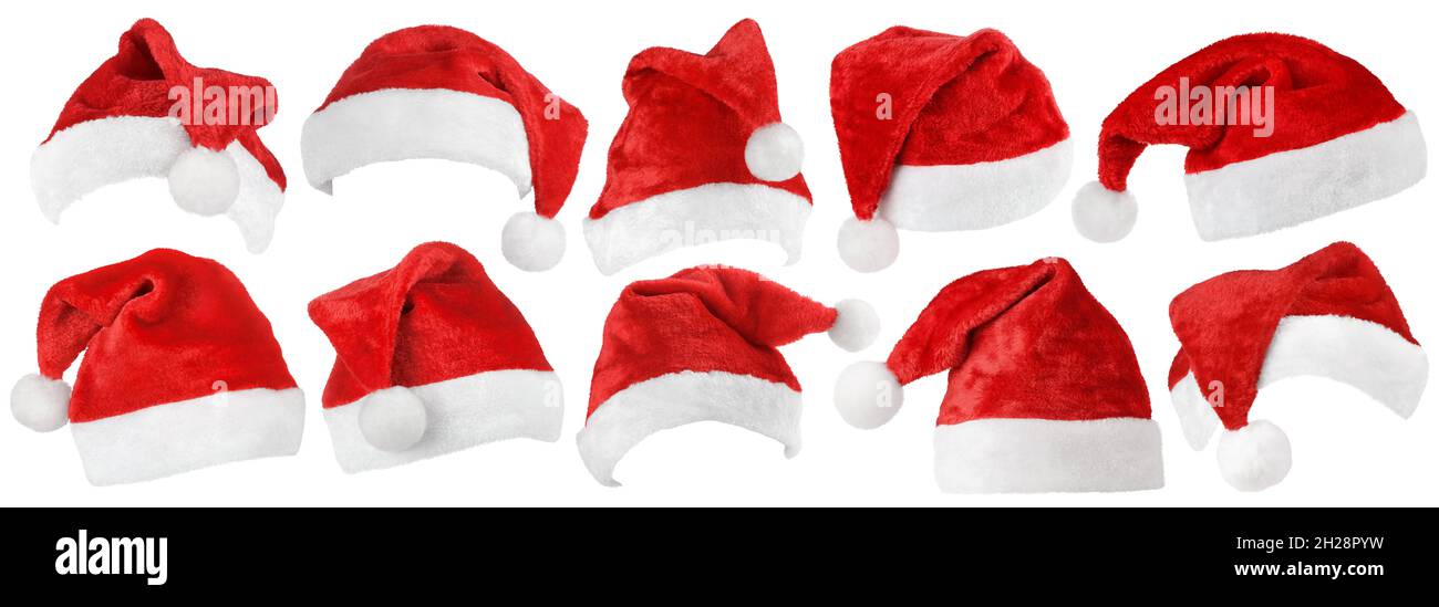 Set of red Christmas Santa Claus hat isolated on white background Stock ...