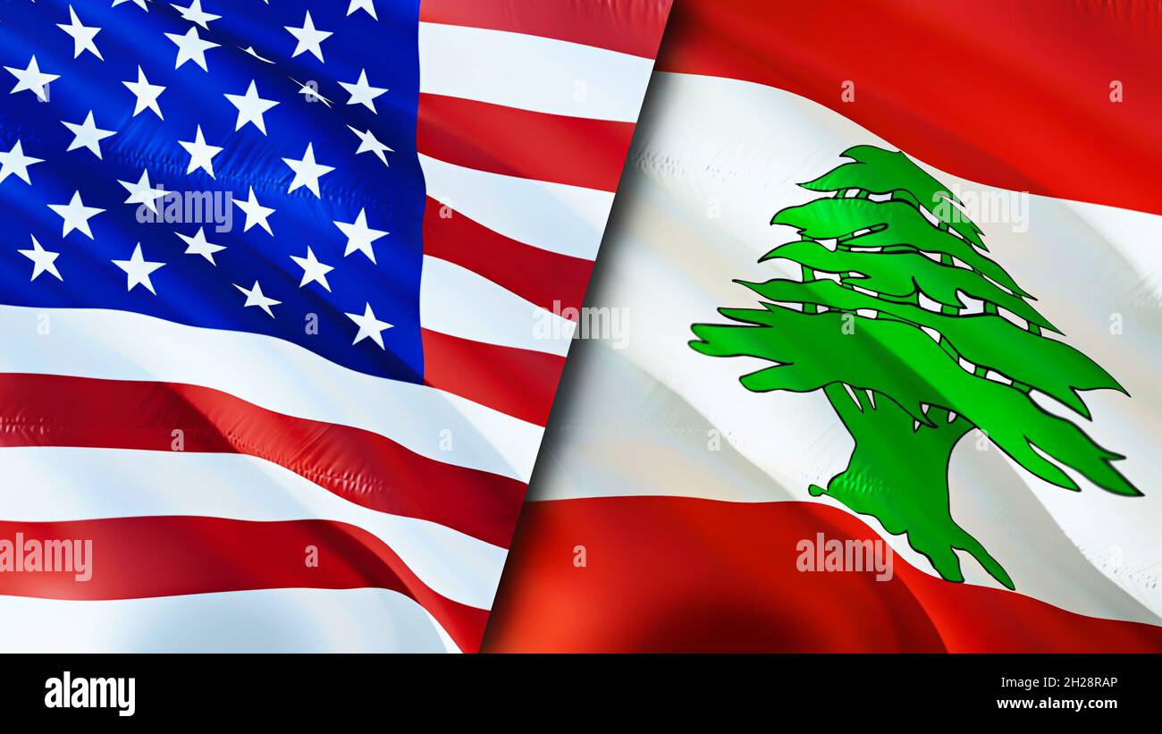 United States and Lebanon flags. 3D Waving flag design. United States ...