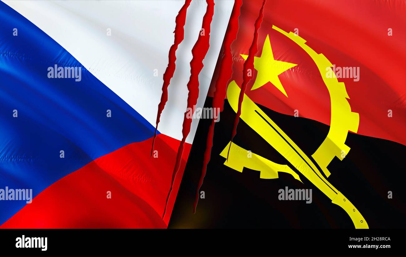 Czechia and Angola flags with scar concept. Waving flag,3D rendering ...