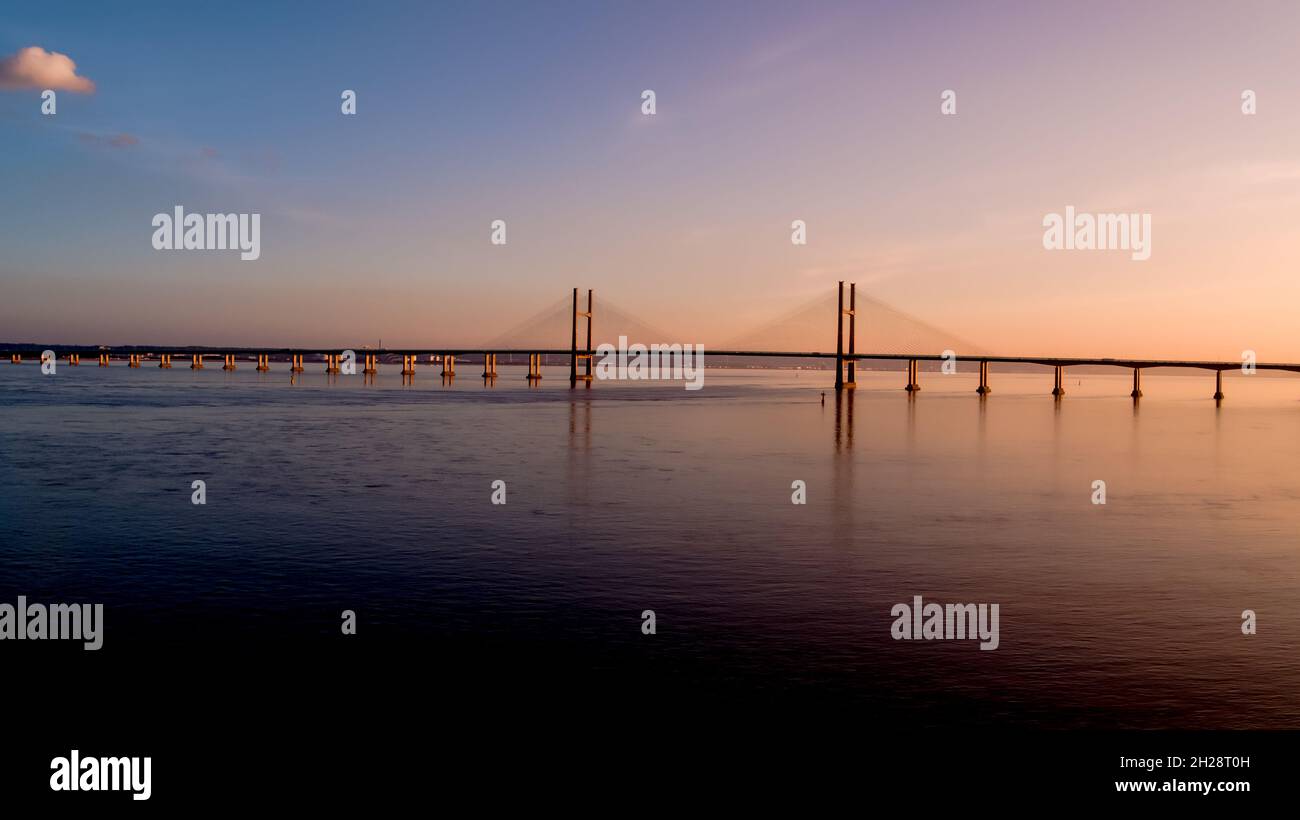 Aerial view of prince of wales Severn bridge connecting england and ...