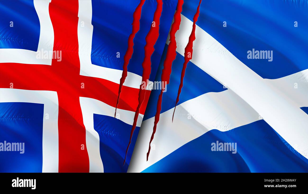 Iceland and Scotland flags with scar concept. Waving flag,3D rendering ...