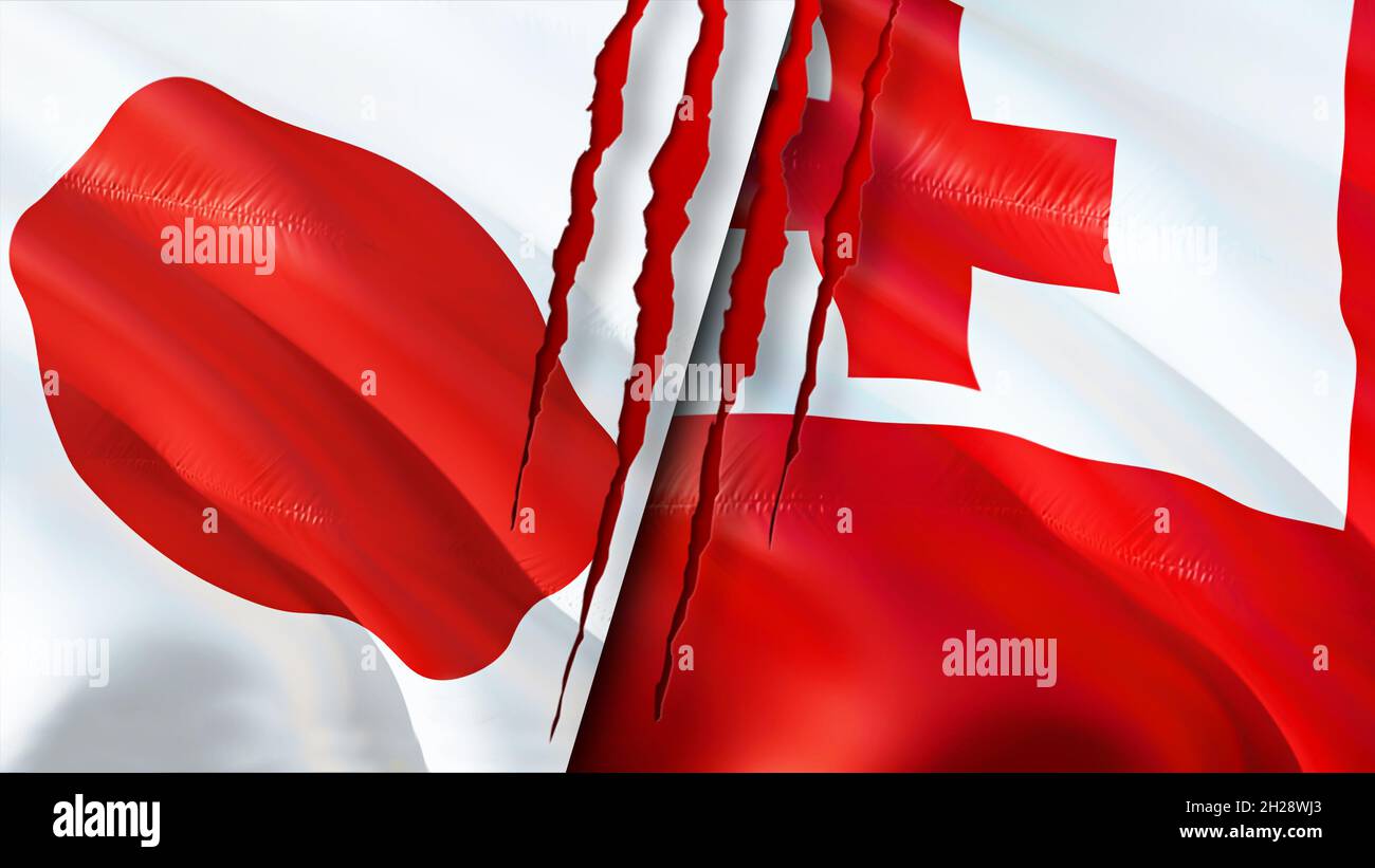 Japan and Tonga flags with scar concept. Waving flag,3D rendering ...