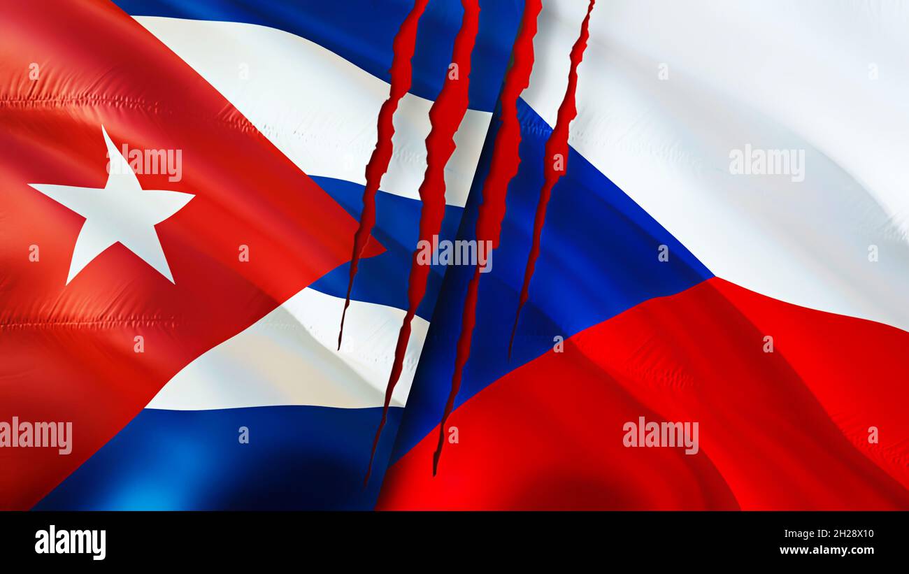 Cuba and Czech flags with scar concept. Waving flag 3D rendering. Cuba ...