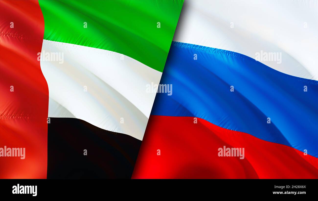Emirates and Russia flags. 3D Waving flag design. Russia United Arab ...
