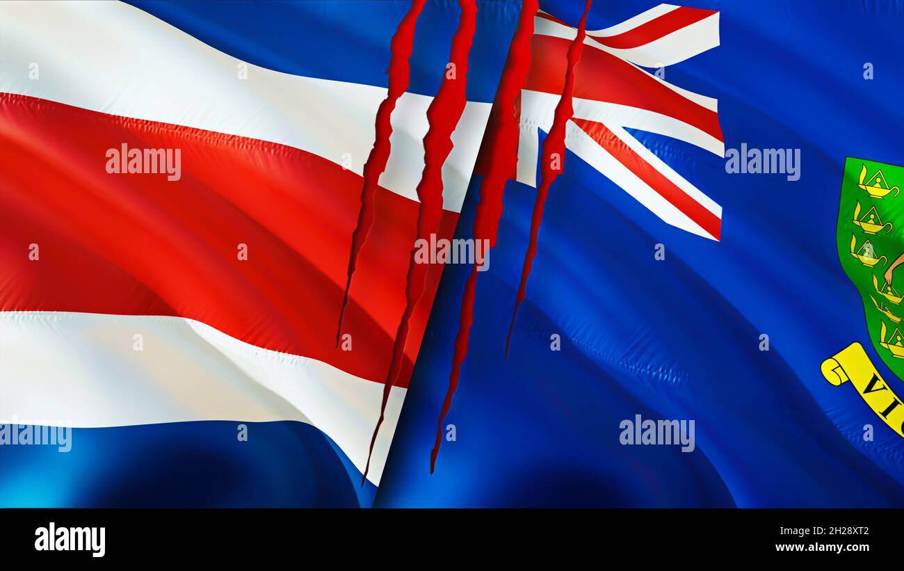Costa Rica and British Virgin Islands flags with scar concept. Waving ...