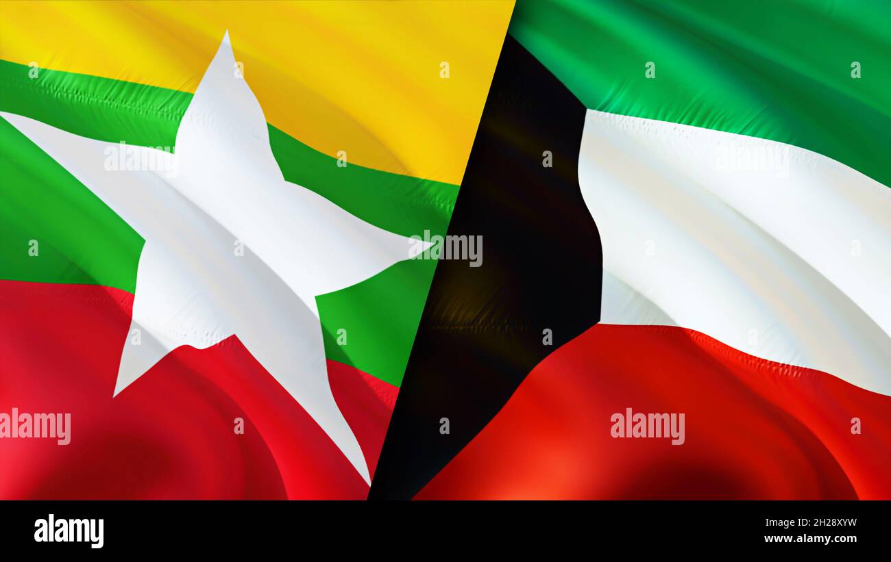 Myanmar and Kuwait flags. 3D Waving flag design. Kuwait Myanmar flag ...