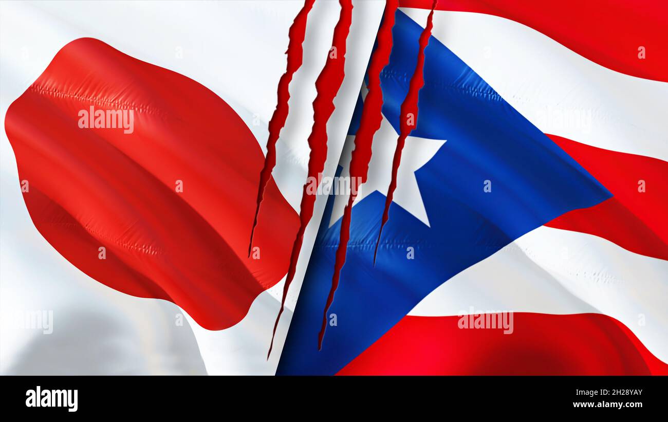 Japan and Puerto Rico flags with scar concept. Waving flag,3D rendering ...