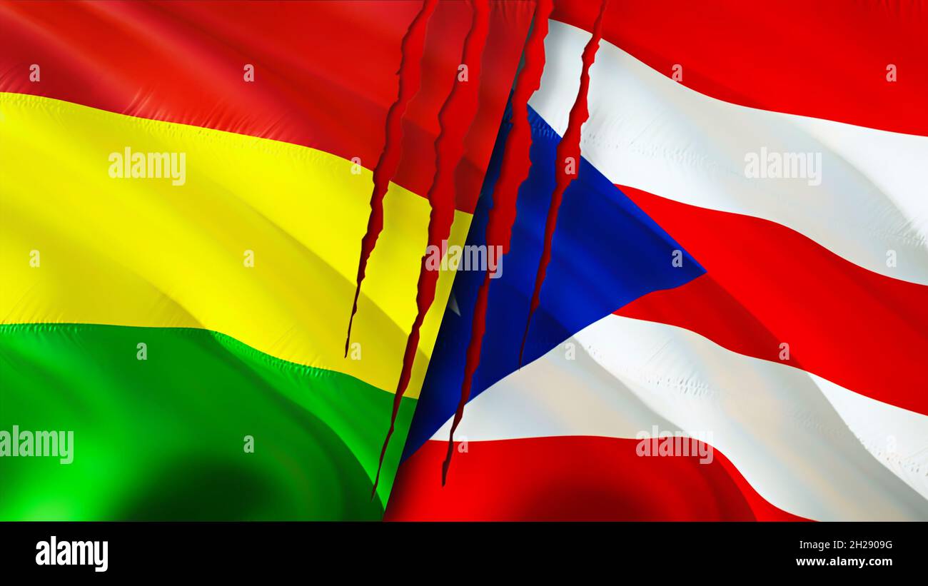 Bolivia and Puerto Rico flags with scar concept. Waving flag 3D ...