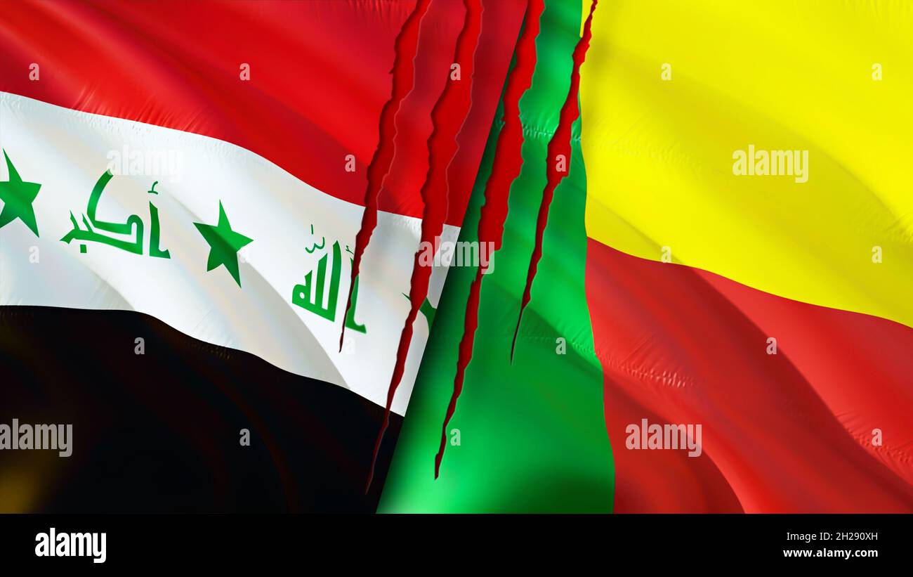 Iraq and Benin flags with scar concept. Waving flag,3D rendering. Benin ...