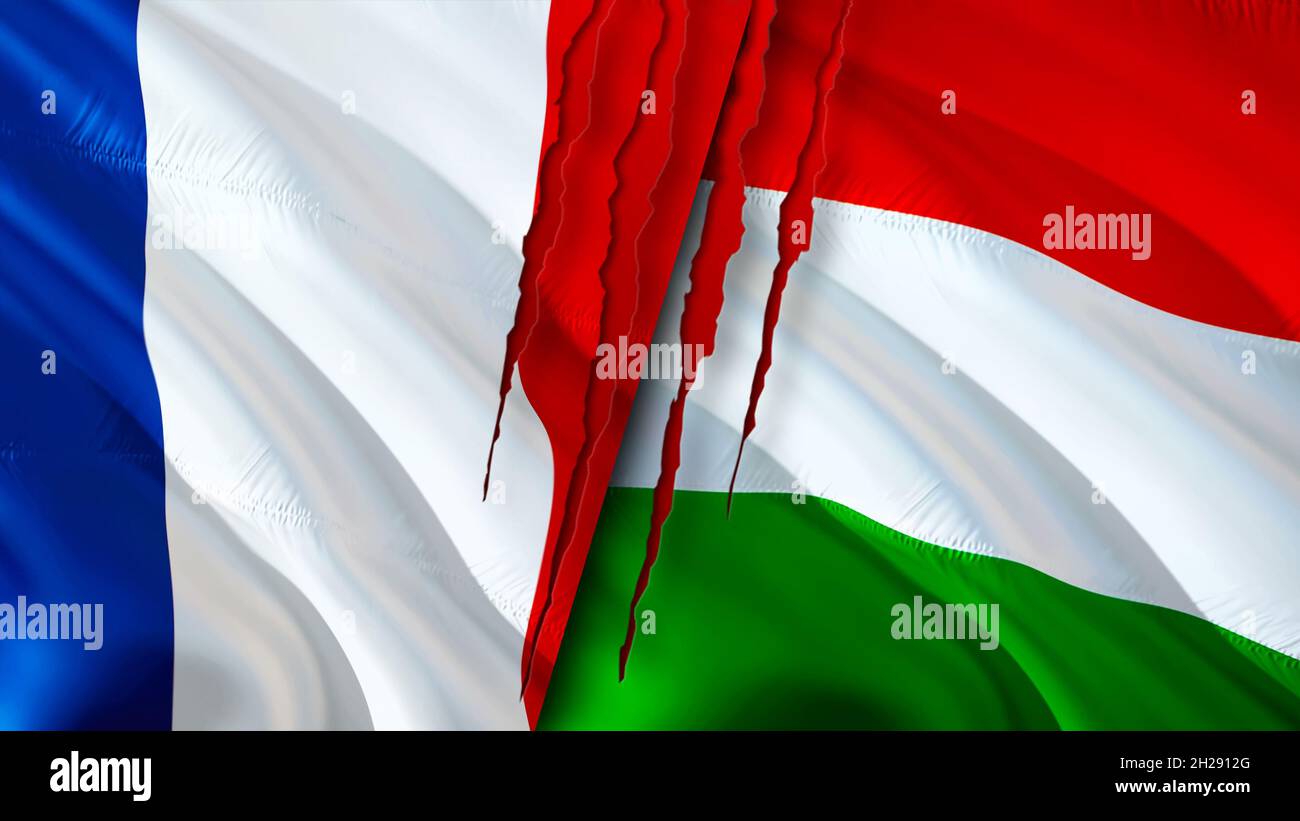 France and Hungary flags with scar concept. Waving flag,3D rendering ...
