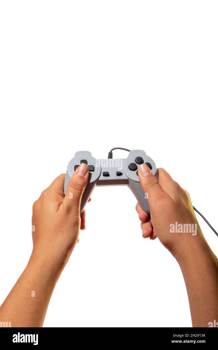 Hands playing with joystick control isolated on white background. Latin ...
