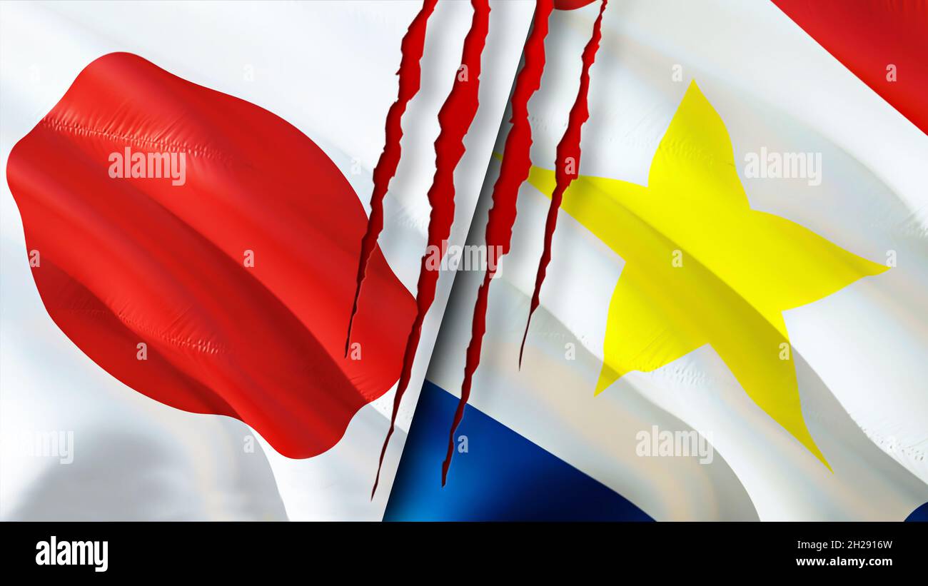 Japan and Saba Island flags with scar concept. Waving flag,3D rendering ...