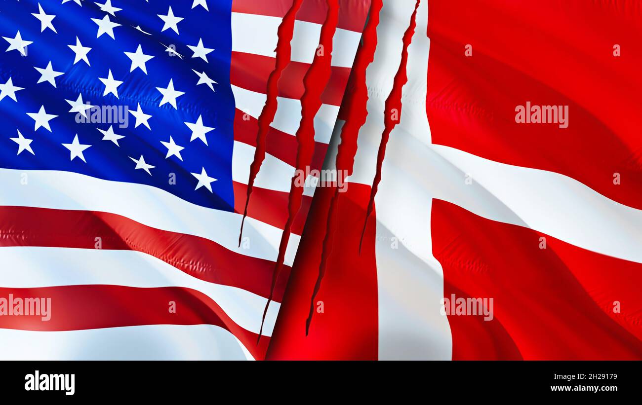 United States and Denmark flags with scar concept. Waving flag,3D ...