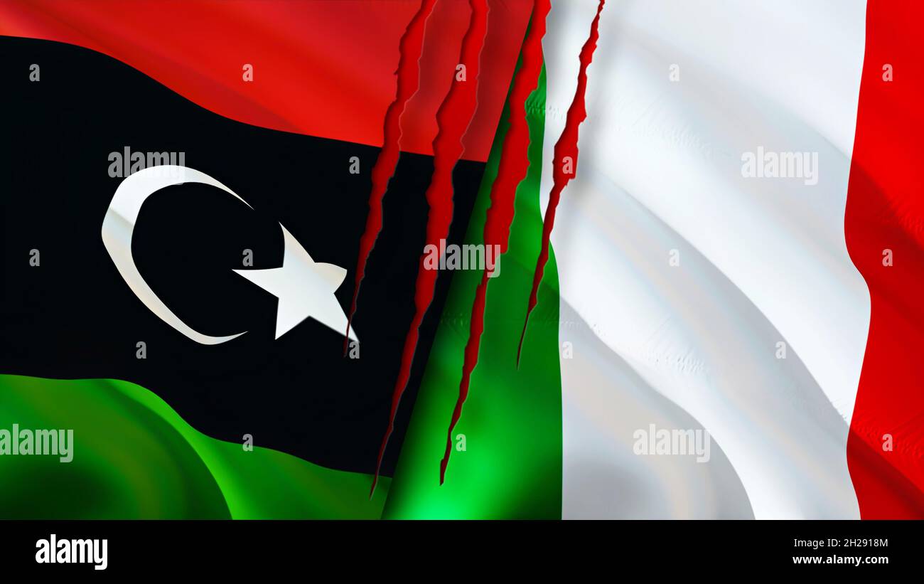 Libya and Italy flags with scar concept. Waving flag,3D rendering ...