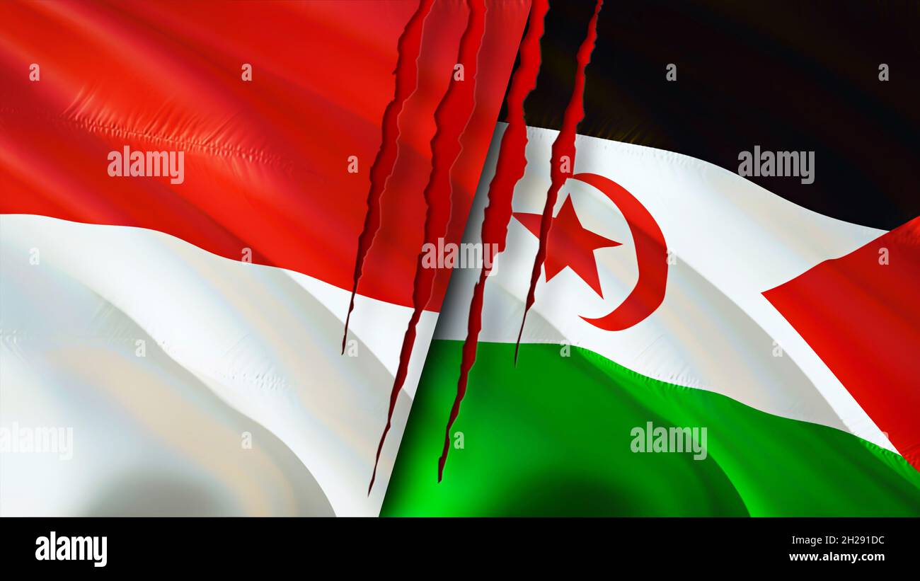 Indonesia and Western Sahara flags with scar concept. Waving flag,3D ...