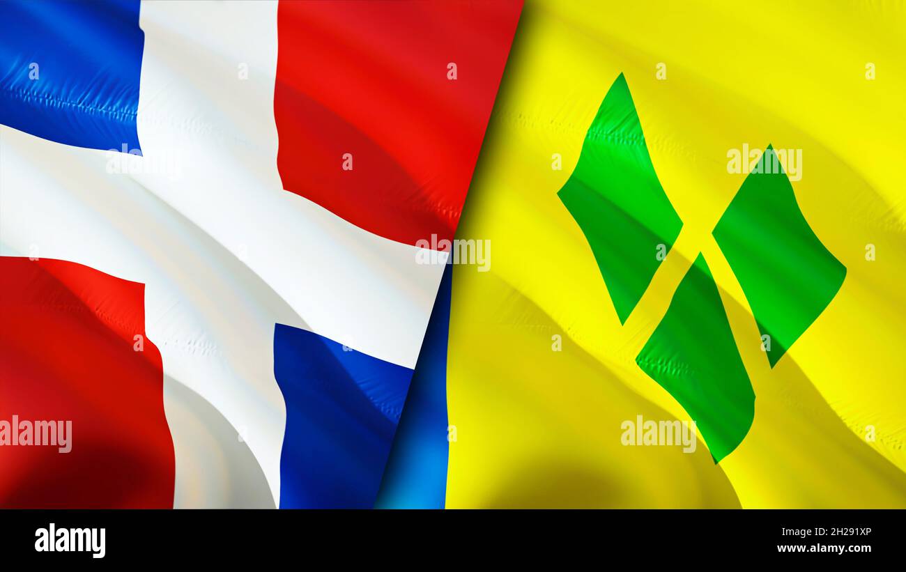Dominicana and Saint Vincent and the Grenadines flags. 3D Waving flag ...
