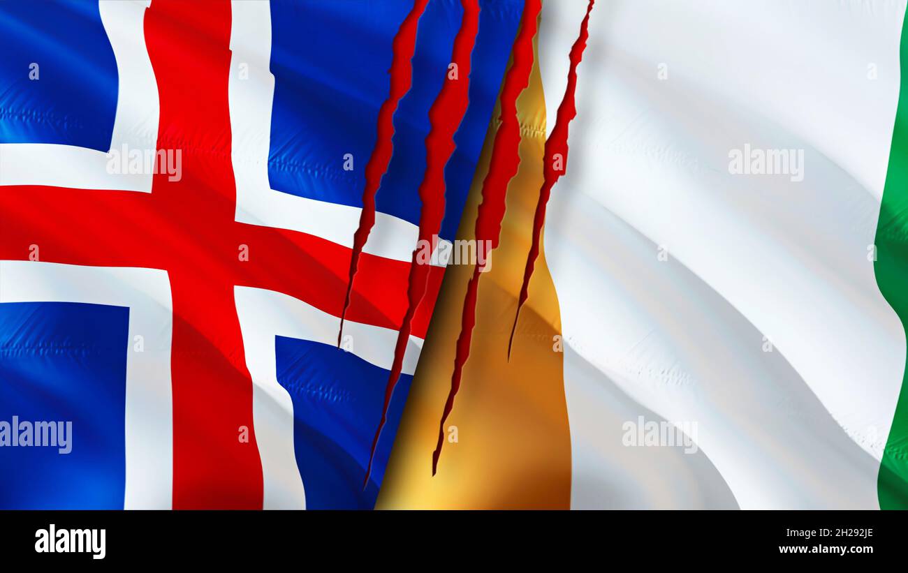 Iceland and Cote d'Ivoire flags with scar concept. Waving flag,3D ...