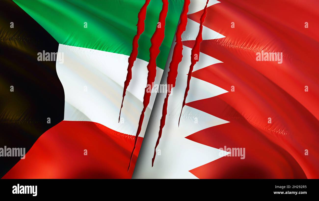 Kuwait and Bahrain flags with scar concept. Waving flag,3D rendering ...