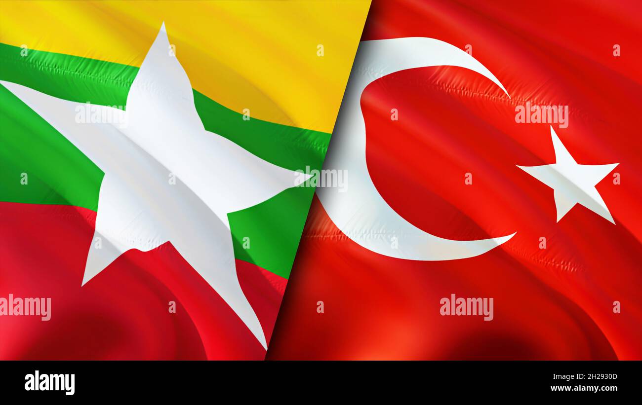 Myanmar and Turkey flags. 3D Waving flag design. Turkey Myanmar flag ...