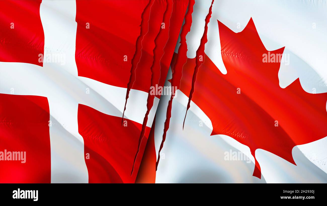 Denmark and Canada flags with scar concept. Waving flag,3D rendering ...