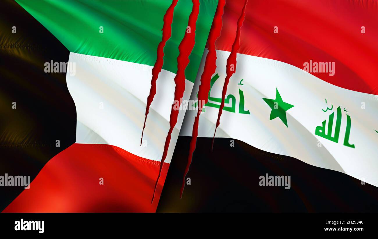 Kuwait and Iraq flags with scar concept. Waving flag,3D rendering. Iraq ...
