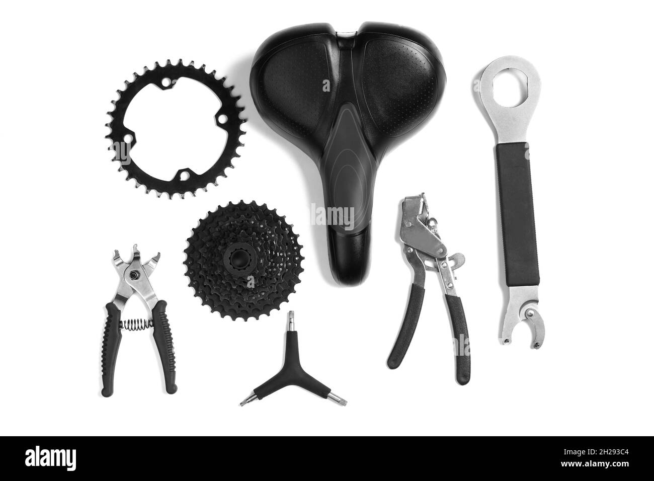 Set of different bicycle tools and parts on white background, flat lay ...