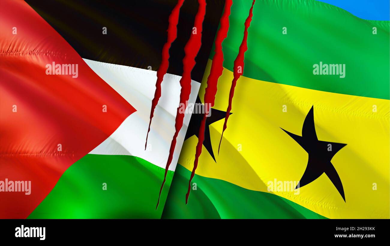 Palestine And Sao Tome And Principe Flags With Scar Concept Waving
