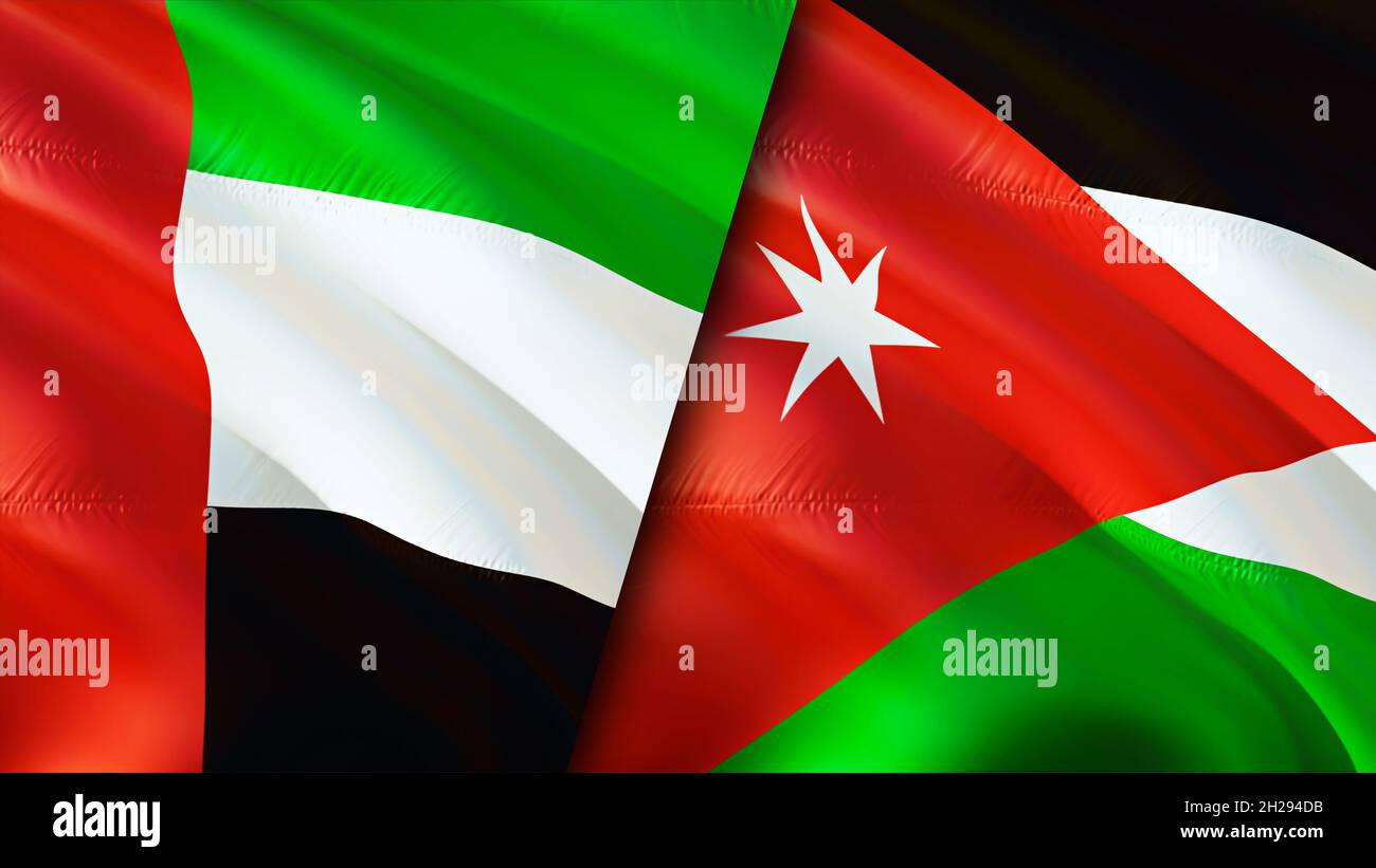 Emirates and Jordan flags. 3D Waving flag design. Jordan United Arab ...