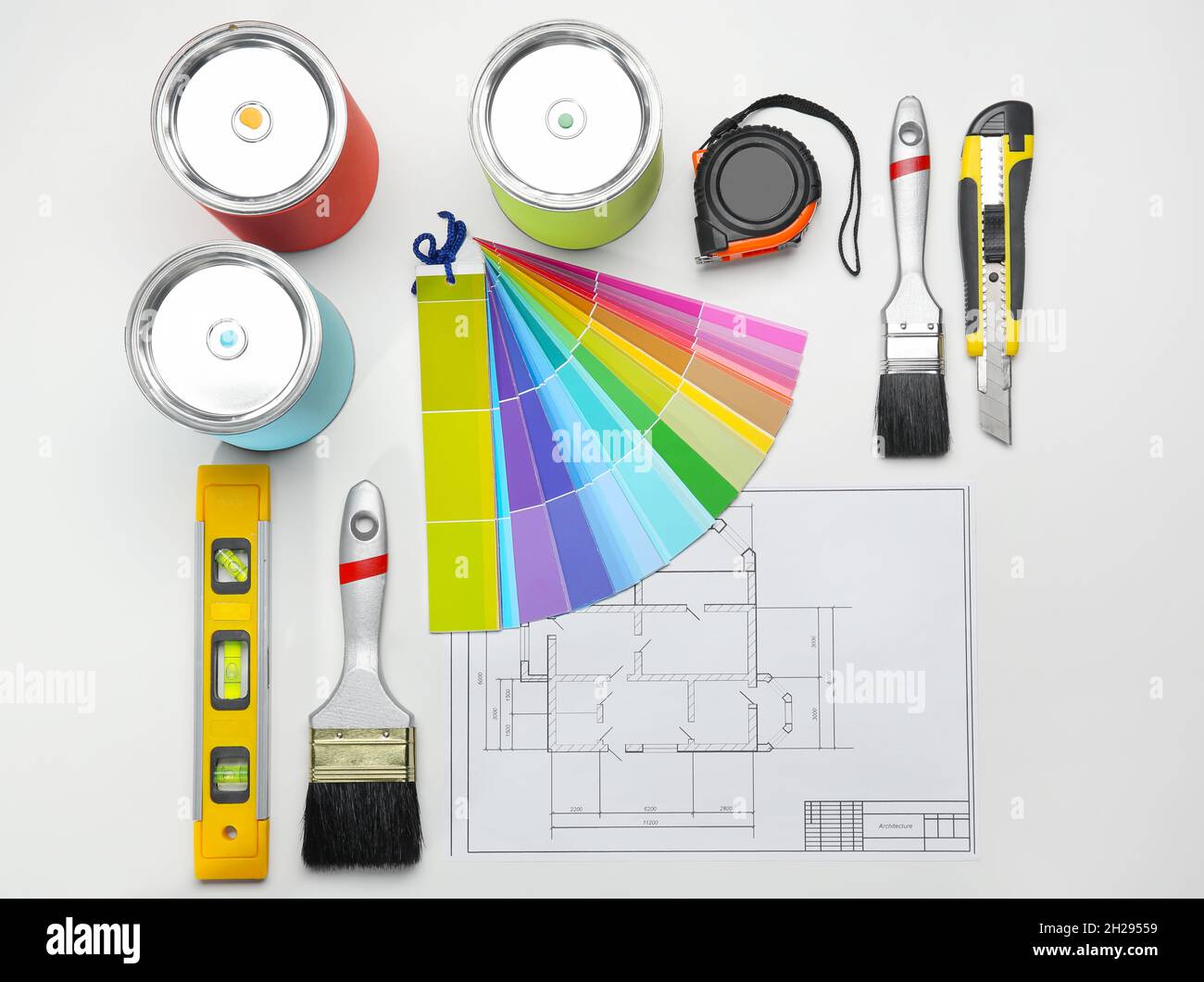 Set of decorator's tools and project drawing on light background Stock ...