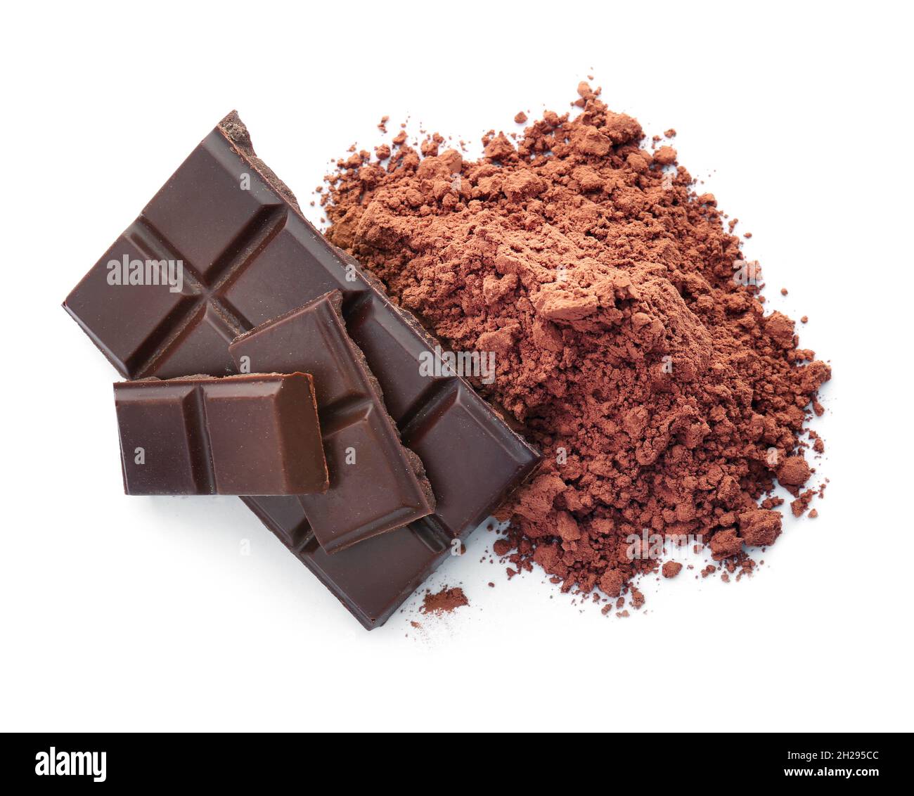 Cocoa powder and pieces of chocolate on white background Stock Photo ...