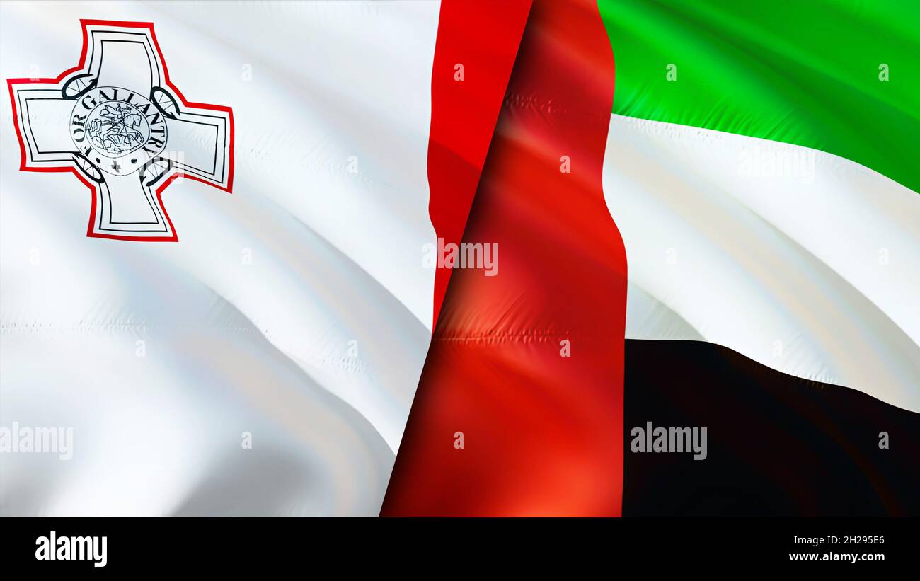 Malta and United Arab Emirates flags. 3D Waving flag design. United ...