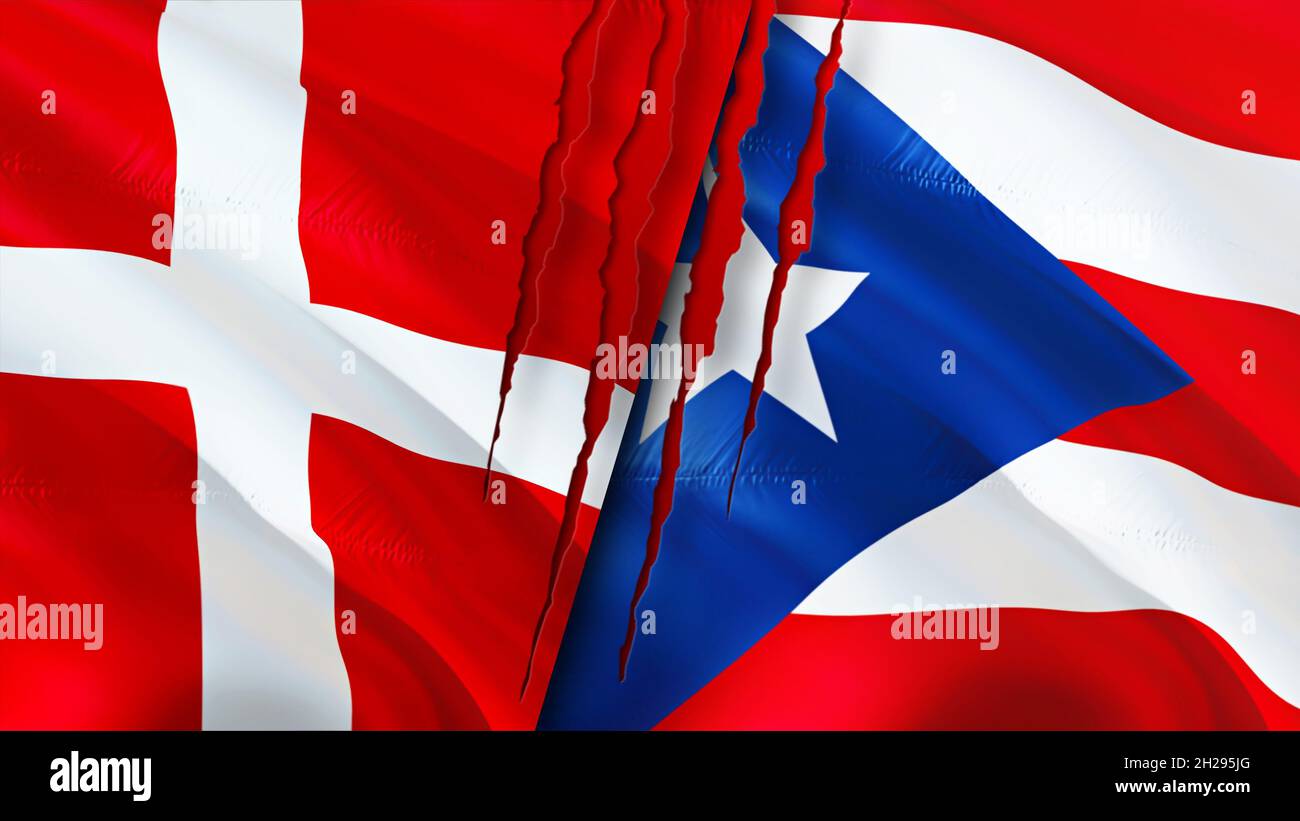 Denmark and Puerto Rico flags with scar concept. Waving flag,3D ...
