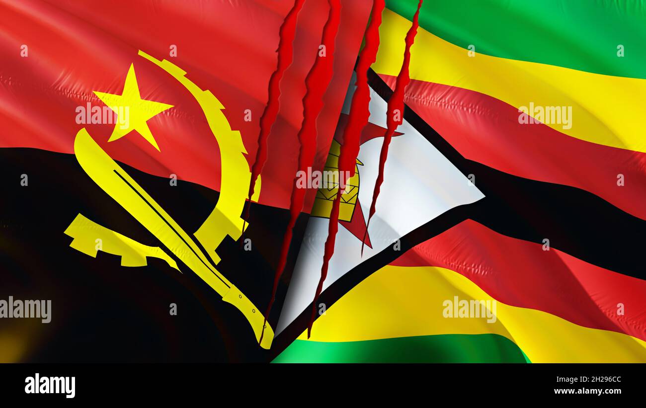 Angola and Zimbabwe flags with scar concept. Waving flag 3D rendering ...