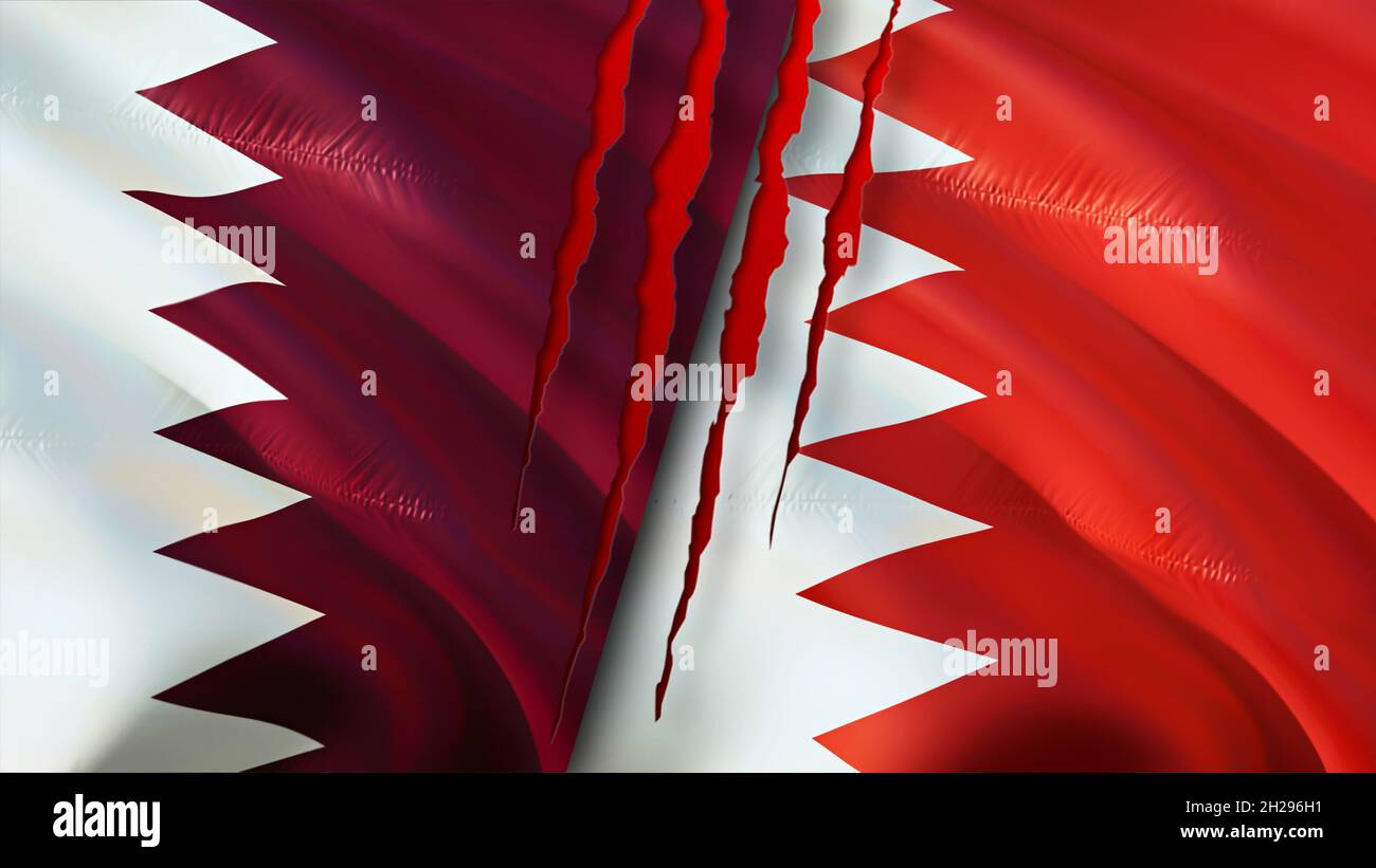 Qatar and Bahrain flags with scar concept. Waving flag,3D rendering ...